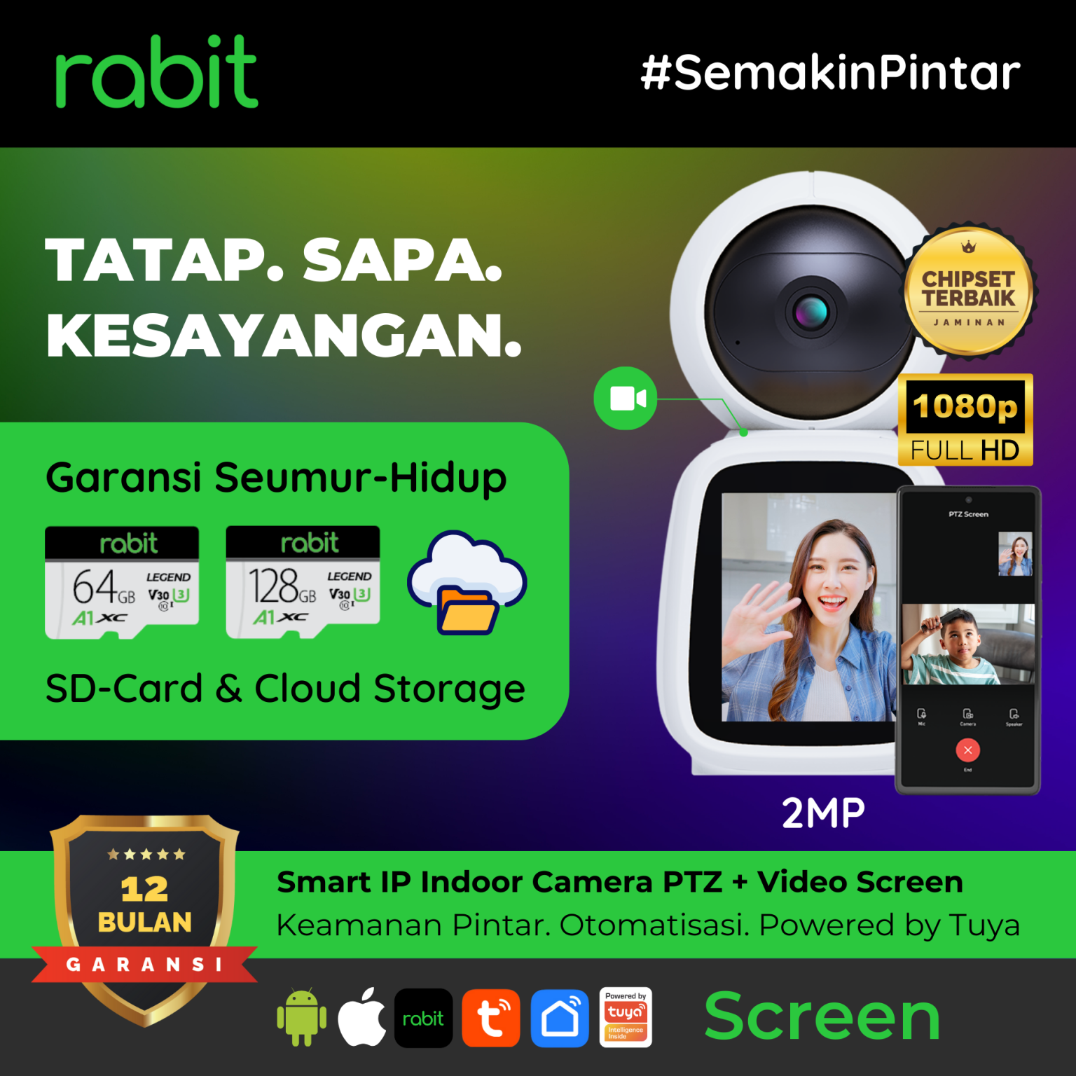 RABIT Smart IP Camera CCTV Indoor PTZ Screen + 2-Way Video Call